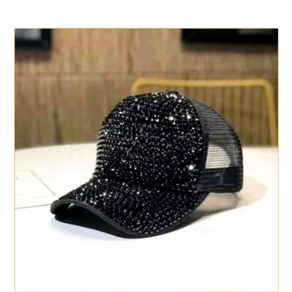 Accessories | Bling Rhinestone Crystal Studded Mesh Black Hat | Poshmark